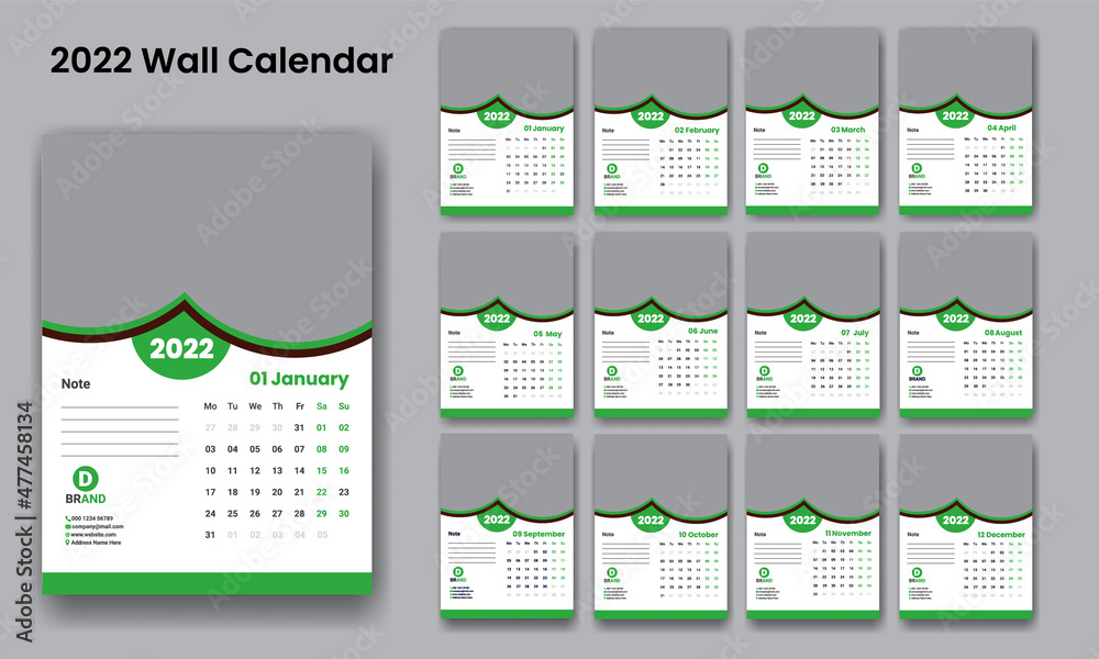 Calendar 2022 week start Monday corporate design template vector. Stock ...