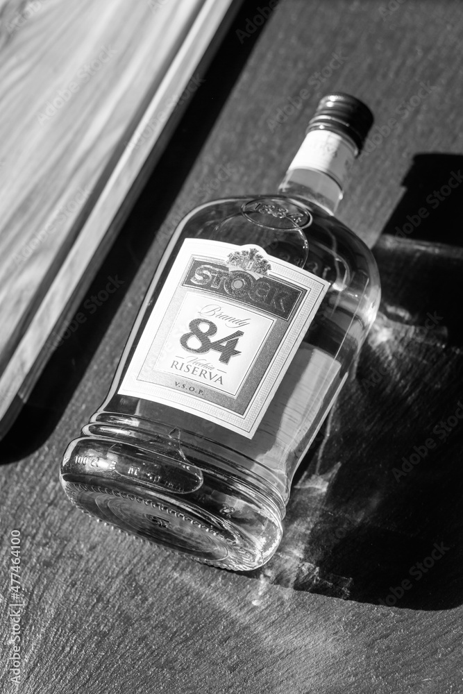 MOSCOW, RUSSIA – APRIL 26, 2020: Bottle of original brandy Stock 84 on ...