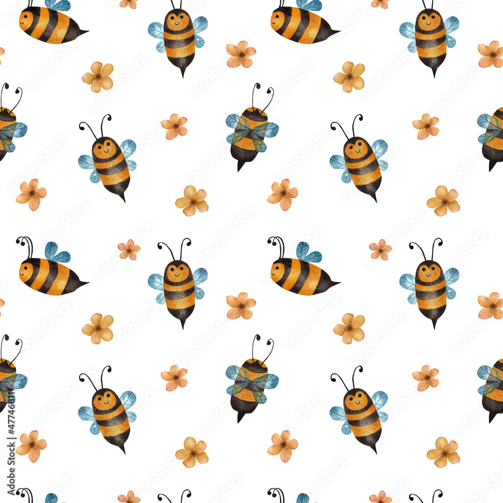 Lovely bees. Watercolor background. Seamless pattern on a white ...