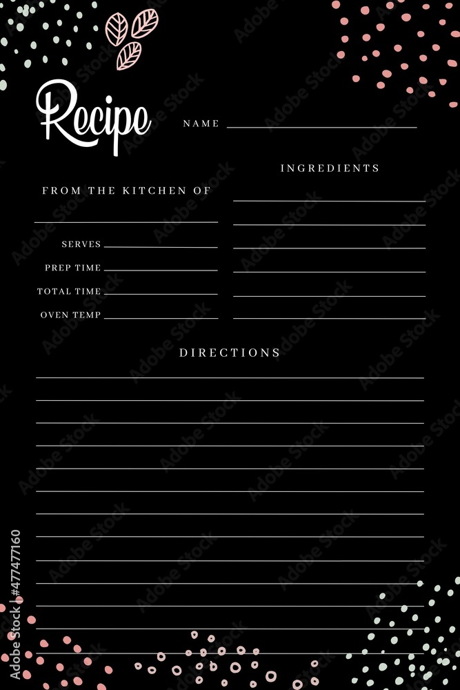 Black and Pink Recipe Book Printable Template, Black Pages Sheet ...