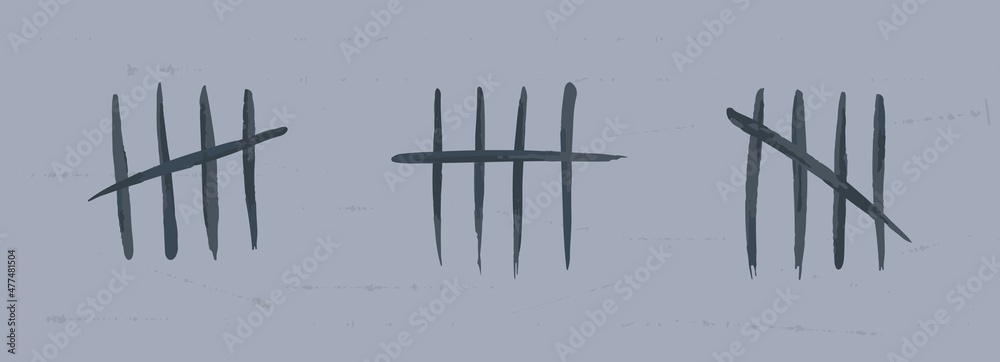 Tally marks set on grey background. Collection of black hash marks ...