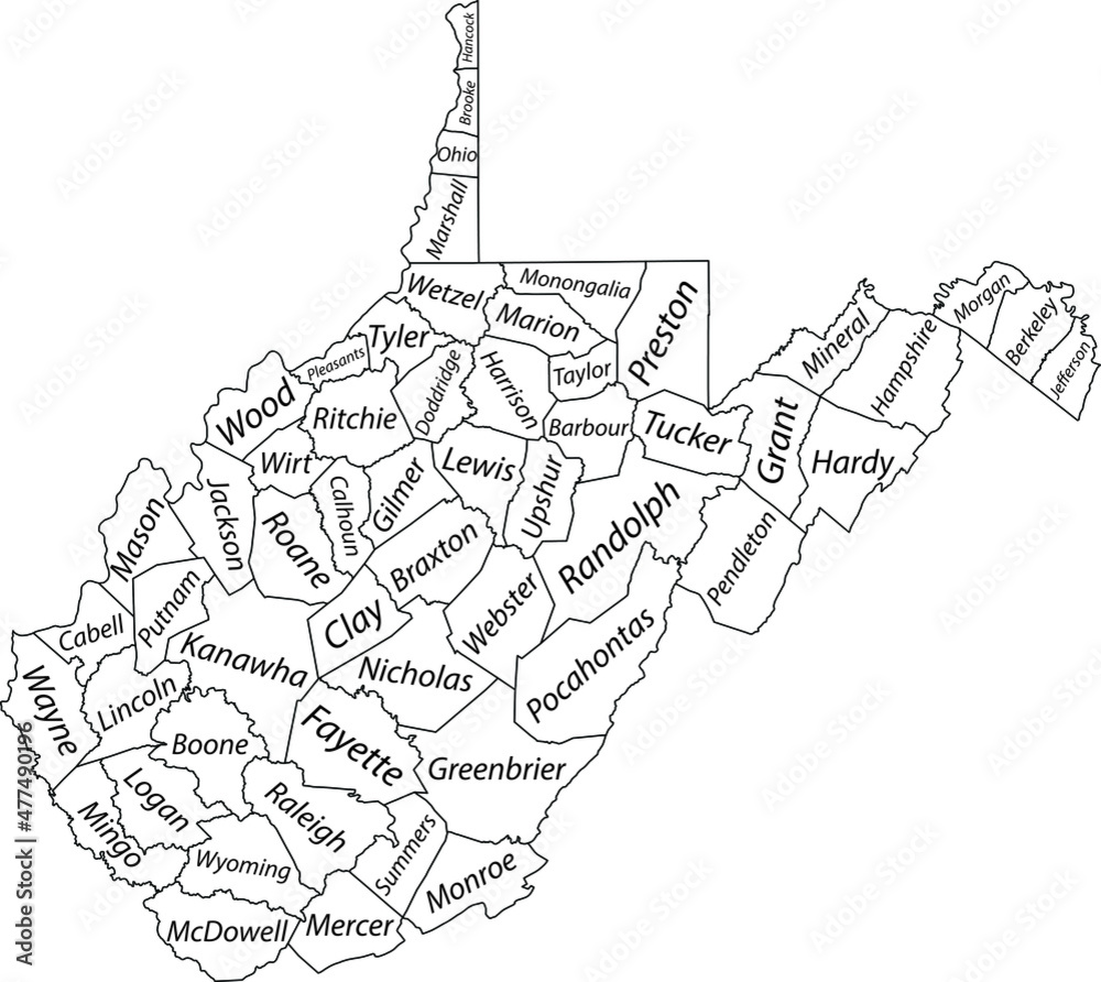 White vector administrative map of the Federal State of West Virginia ...
