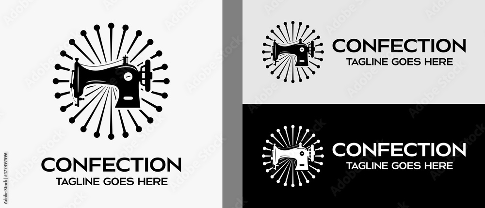 mesin jahit dengan siluet dan icon jarum memutar. logo design template ...