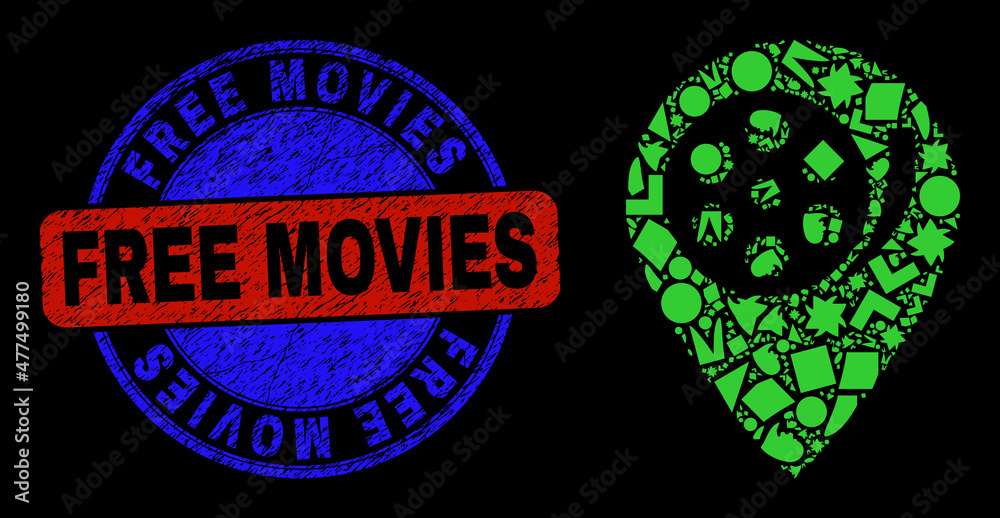 Vector mosaic movie map marker icon, and bicolor Free Movies textured ...