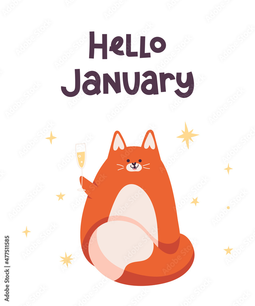 Card hello january with a cat, isolated on white background Stock ...