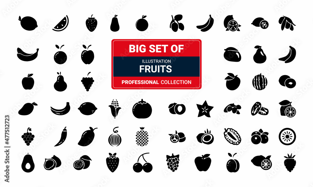 Set of Fruits Vector modern Icons. Fruits symbol illustration fill in ...