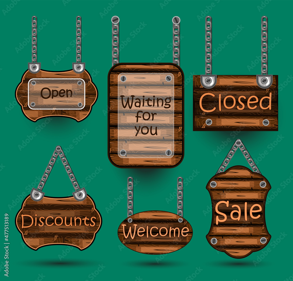 Six curly wooden plates with chains and inscriptions - Open, Welcome ...