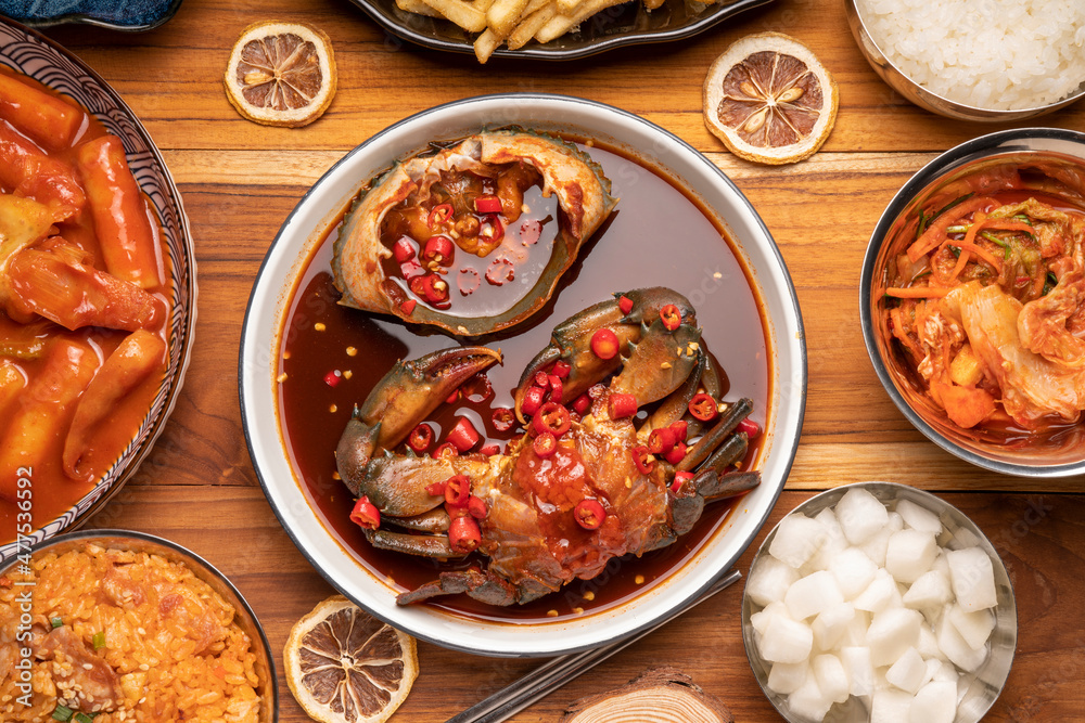 Korean spicy Fresh raw crabs marinated in a mild soy sauce, Ganjang ...
