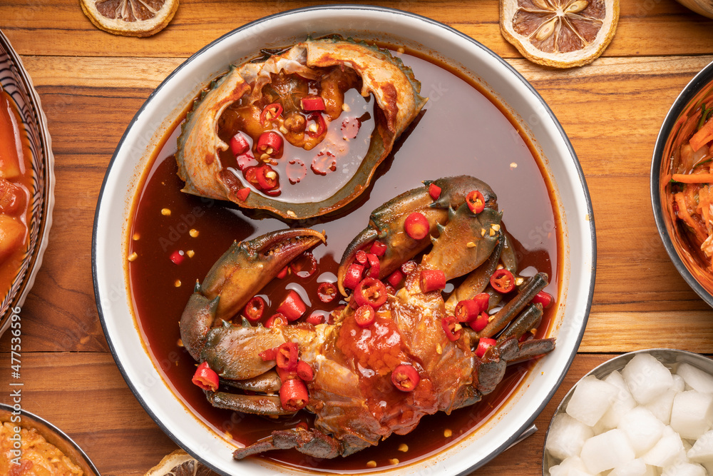 Korean spicy Fresh raw crabs marinated in a mild soy sauce, Ganjang ...