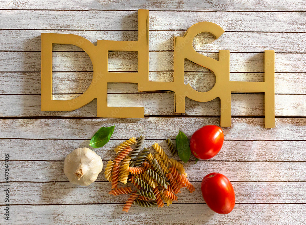 gold colored word art DELISH on whitewashed background with tricolor ...