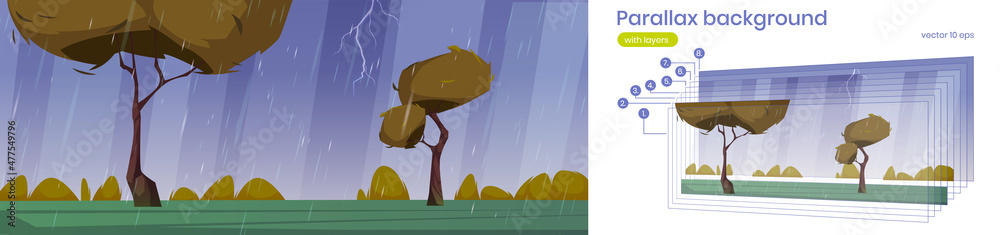 Autumn landscape with orange trees and bushes in rain. Vector parallax ...