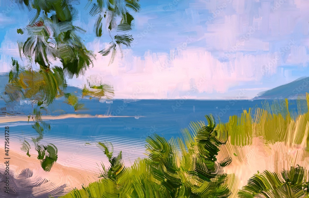 Ocean view. Wide brush painting. Hot summer. Tropical island. Digital ...