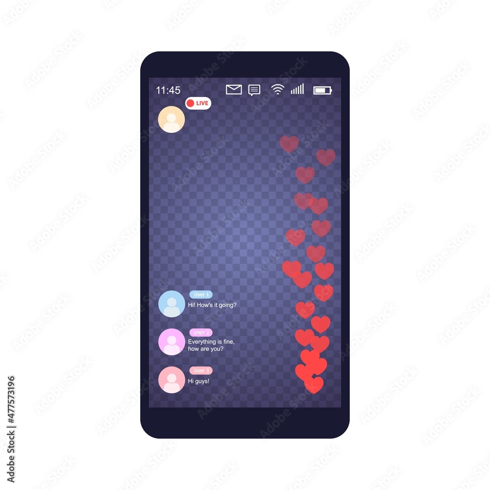 Mockup of mobile app with live like streaming. Interface photo frame ...