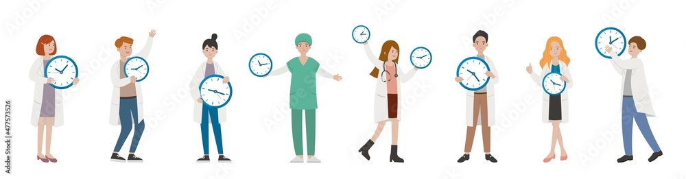 8 paramedics man or woman doctor combination, medical worker with time ...