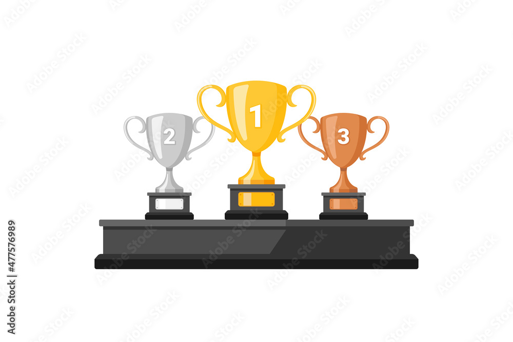 Winners podium with trophies. Trophy prizes for the Champions. Three ...