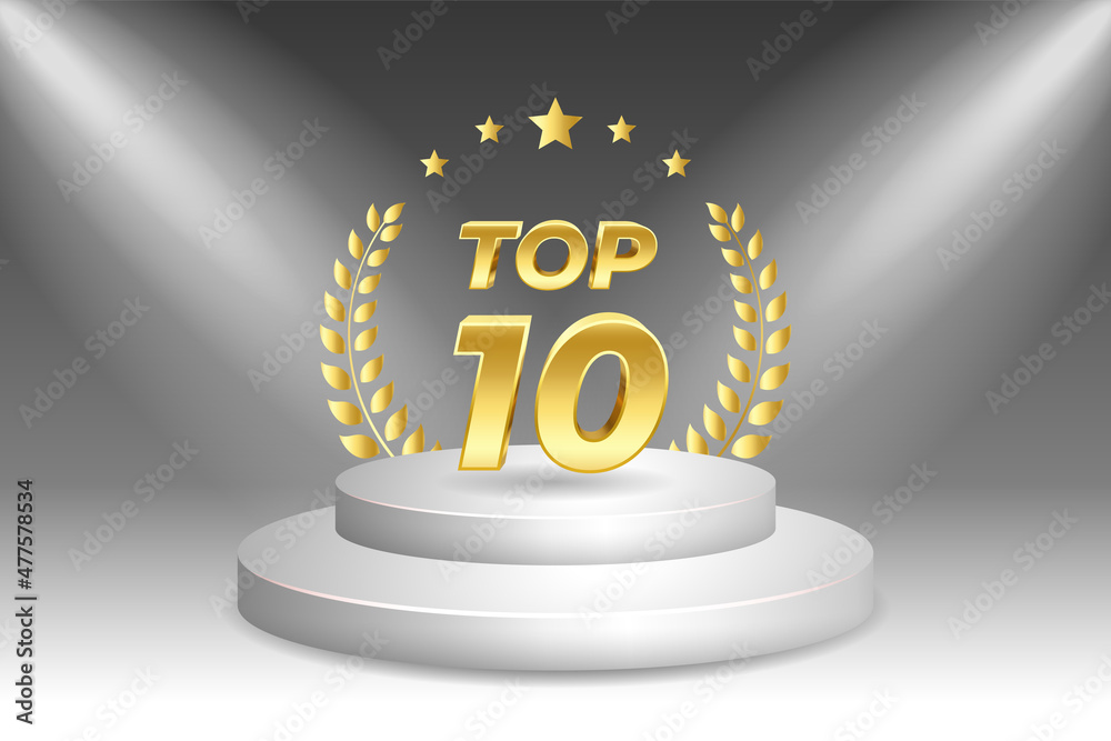 Top 10 award cup. Golden award trophy with laurel wreath. Isolated on ...