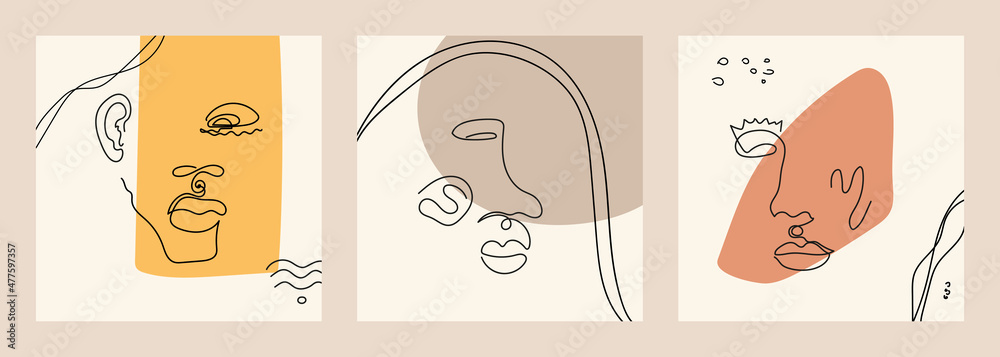 Set of modern portraits on the background of abstract shapes in line ...