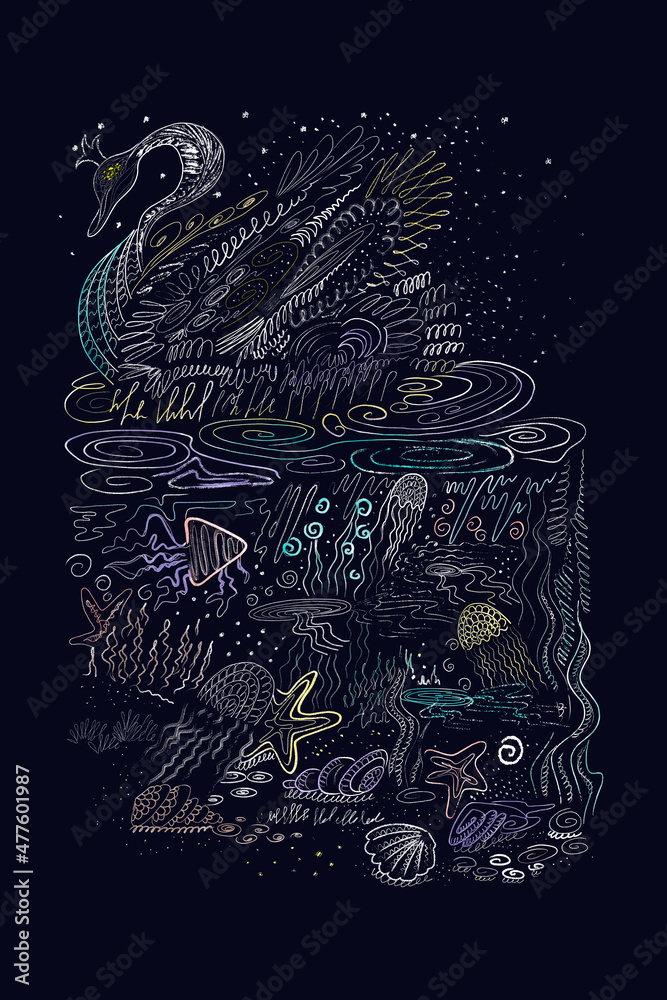 Digital illustration in engraving style on a dark background about a ...