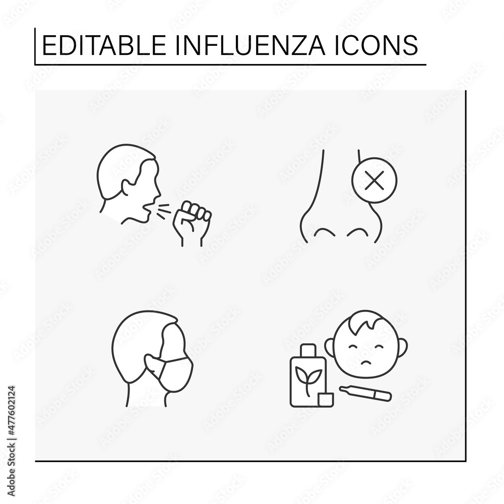 Influenza line icons set. Symptoms of diseases and treatment. Viral and ...
