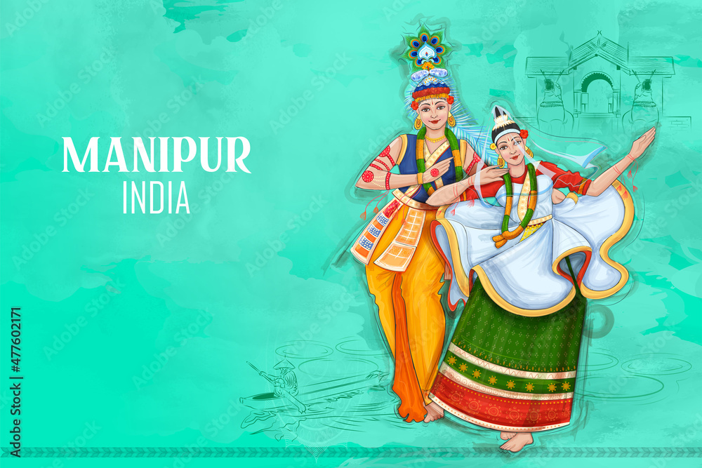 couple performing Manipuri dance traditional folk dance of Manipur ...