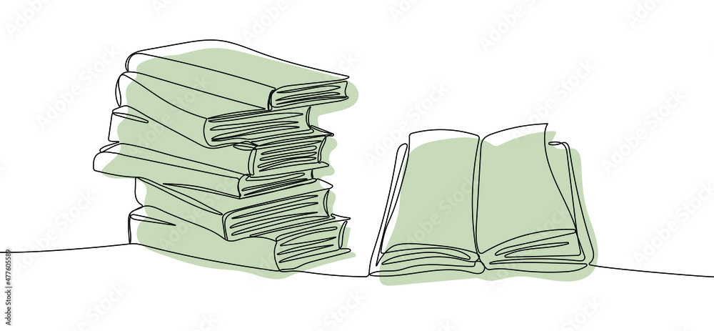 Continuous one line drawing of stack of books with open book. Education ...