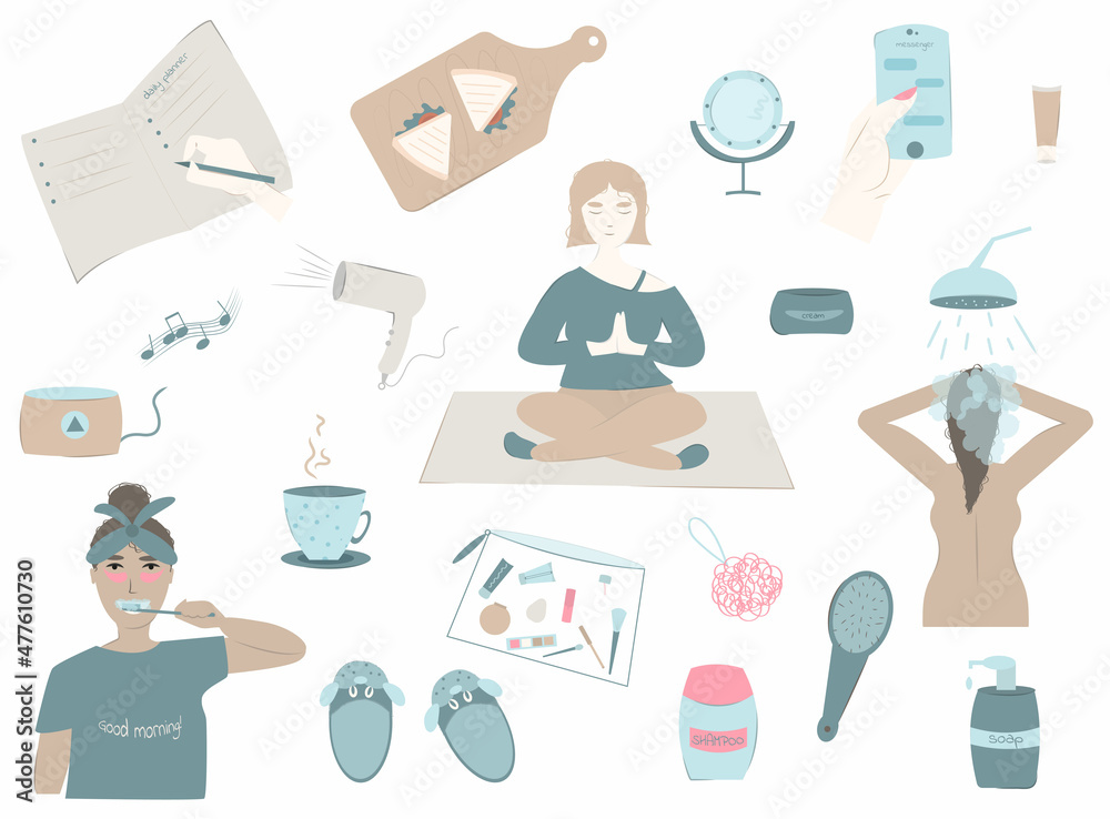 morning routine. set illustration. depicts women and their morning ...
