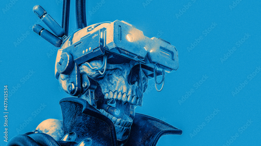 Portrait of scary grunge cyber human skull with teeth open mouth in ...