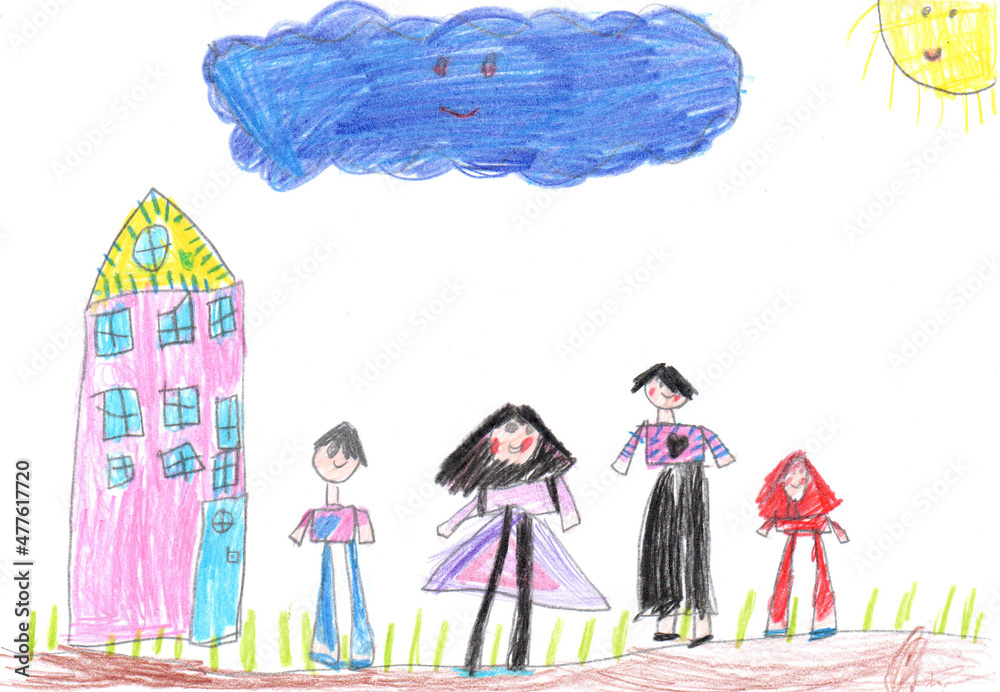 Child drawing of a happy family on a walk outdoors. Pencil art in ...