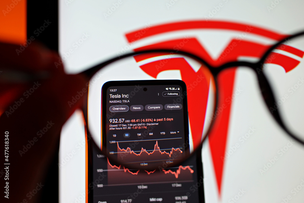 Tesla stock index and logo seen on display screen. Tesla has vaulted up ...
