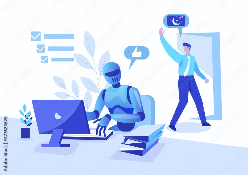 Robot doing office work illustration vector, Robot working in office ...