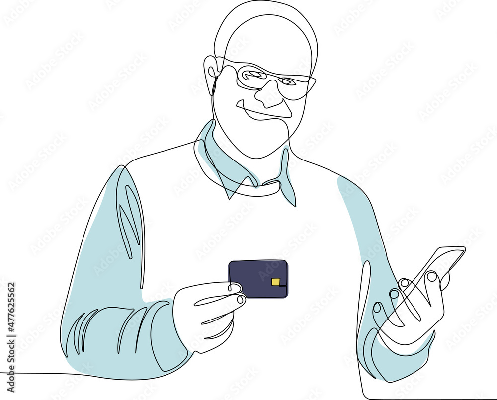 Continuous one line drawing of portrait cheerful elderly man with a ...