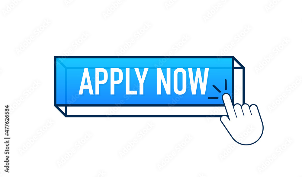 3d icon with blue apply now button on yellow background. 3d ...