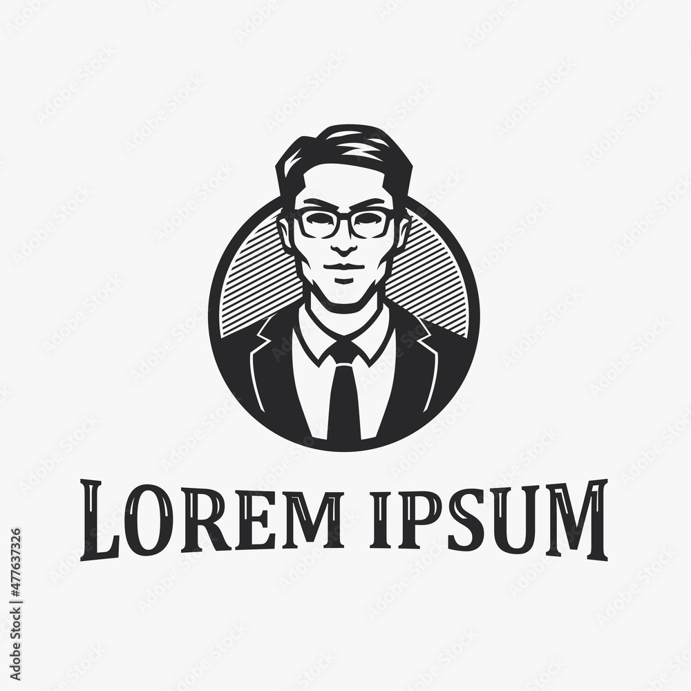 Handsome man logo illustration template in suit for label, badge ...