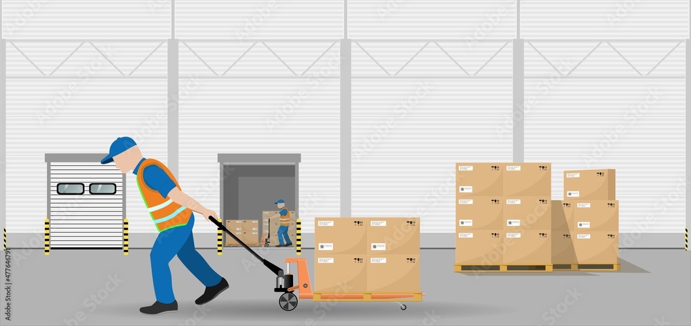 A working loader moves pallets with crates using a hand pallet truck ...