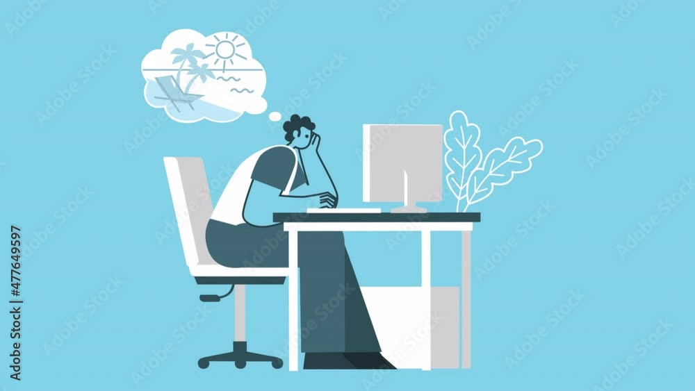 Cartoon tired man works on computer and dreams of rest. Flat Design 2d ...