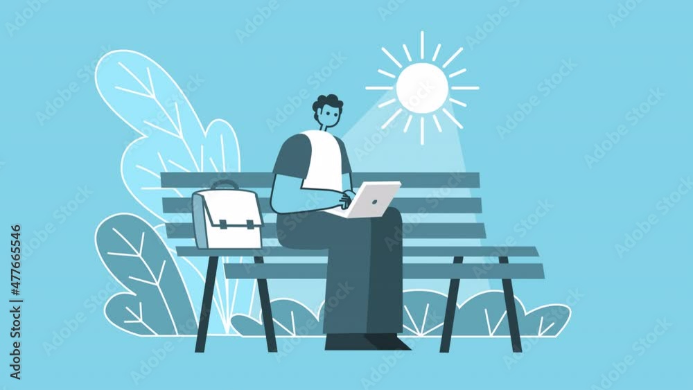 Cartoon man working on park bench with laptop. Flat Design 2d Character ...