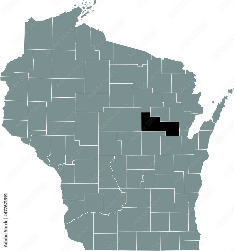 Black highlighted location map of the Shawano County inside gray ...