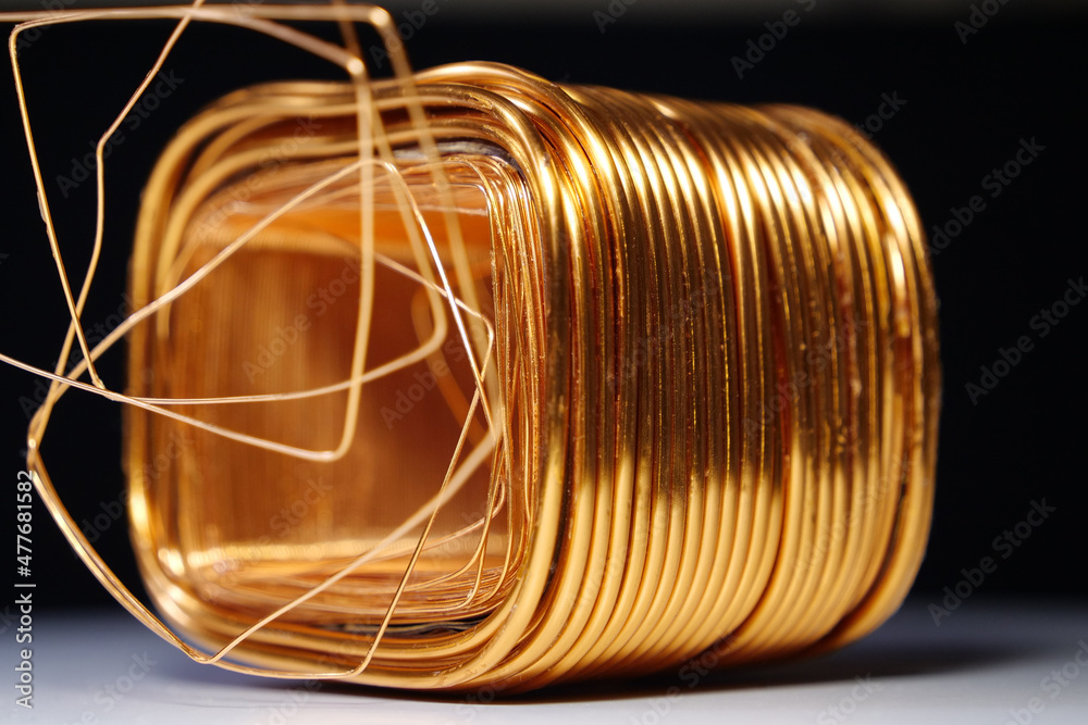 Copper winding of the step-down single-phase transformer Stock Photo ...