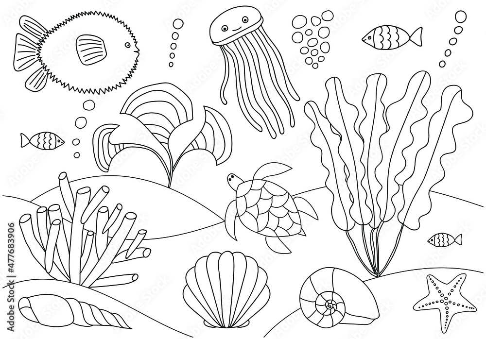 Coloring page with sea animals in underwater world with algae, bubbles ...