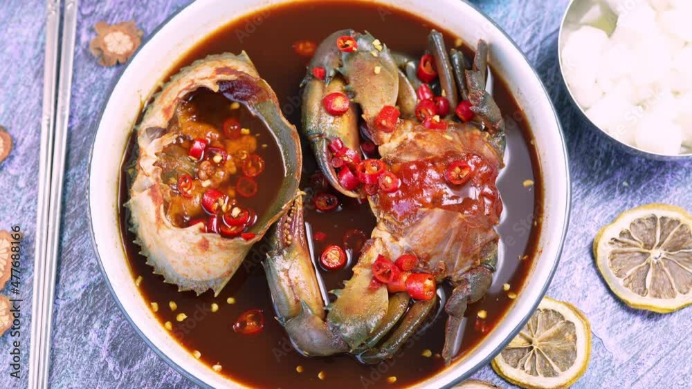 Fresh raw crabs marinated in a mild soy sauce, Ganjang Gejang Korean traditional food.Korean Soy ...