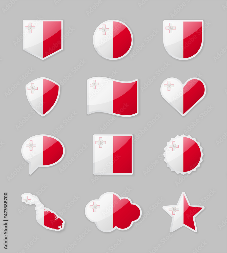 Malta - set of country flags in the form of stickers of various shapes ...