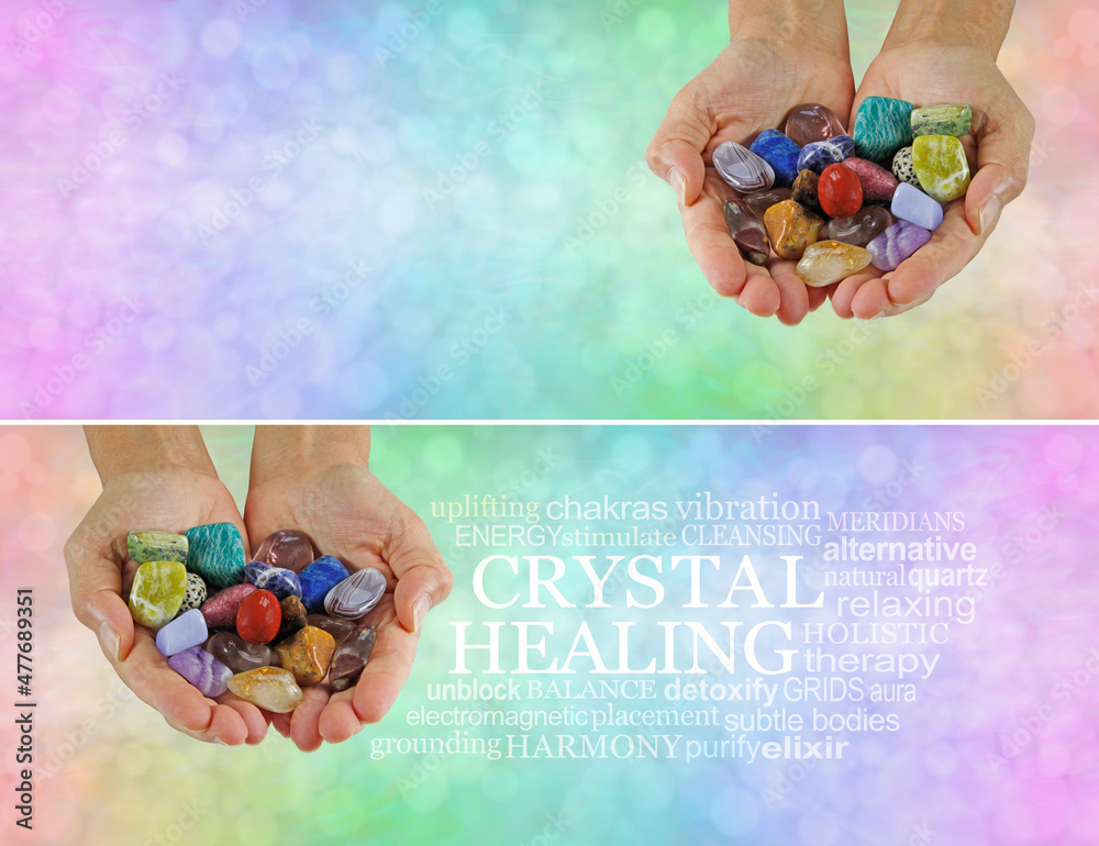 Crystal therapy word cloud rainbow message banner - female holding a ...