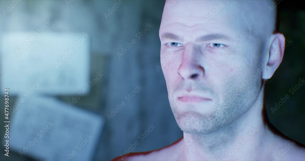 CGI realistic render scene of a scary man looks ahead ready to go on ...
