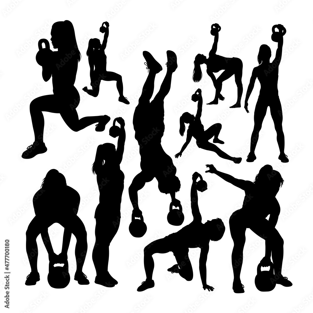 Athlete exercising with kettlebell silhouettes. Good use for symbol ...