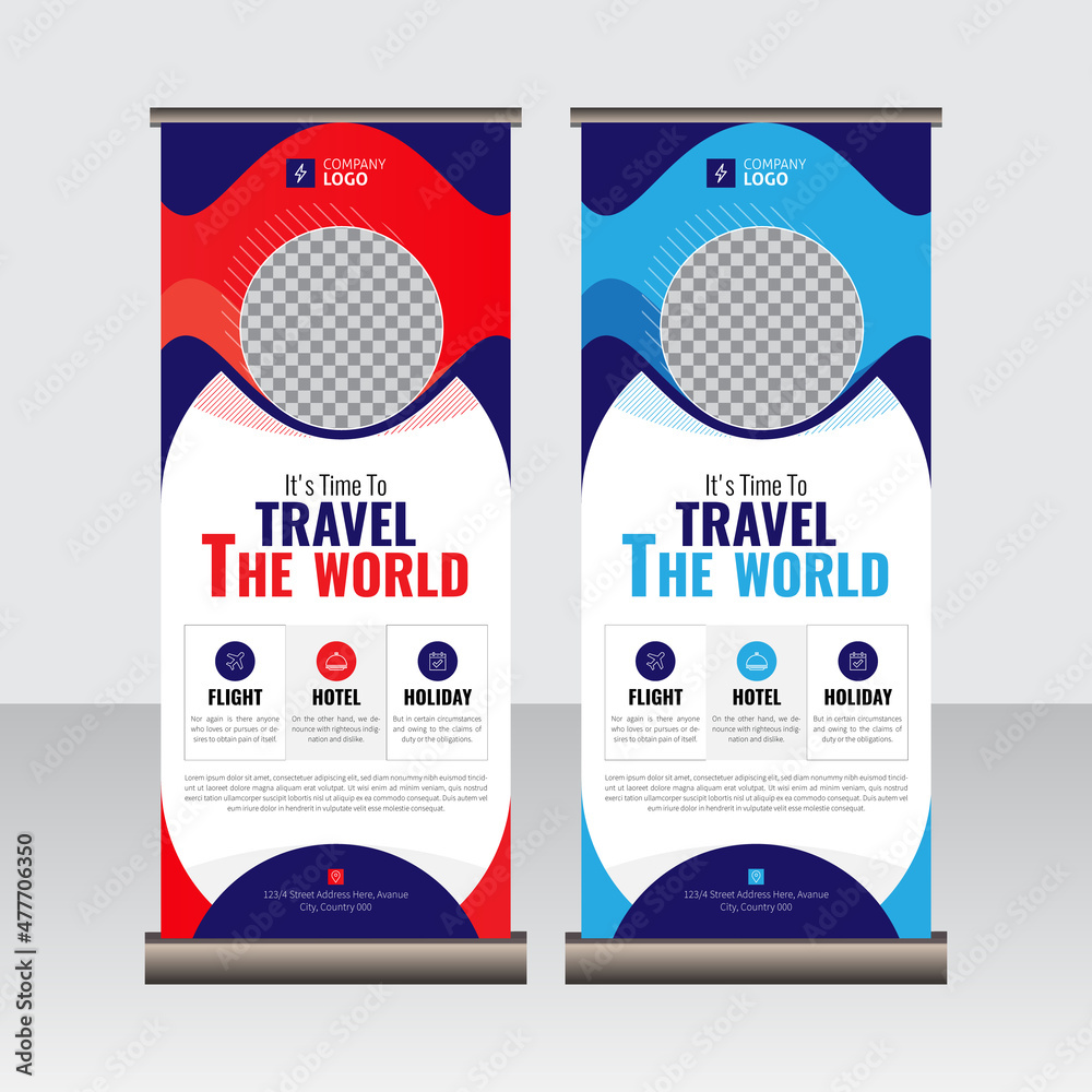 Vetor de Tour and travel roll-up stand banner vector template. Roll up ...