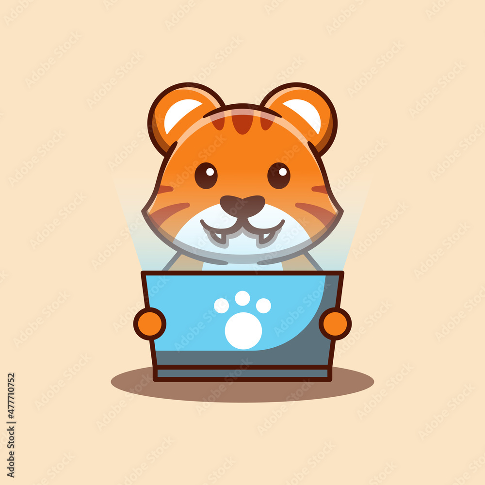 Cute tiger at work in front of laptop vector cartoon illustration. Flat ...