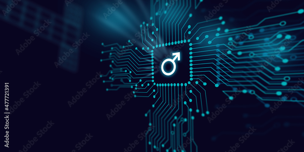 Male Gender Symbol is Reflecting Over Futuristic Electronic Circuit ...