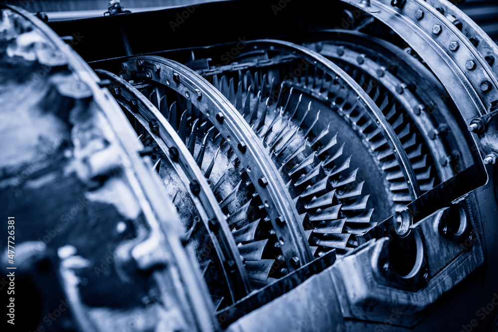 Model of turbine jet engine fighter aircraft with longitudinal section ...