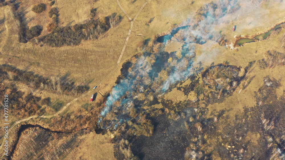 Aerial View. Spring Dry Grass Burns During Drought Hot Weather. Bush ...
