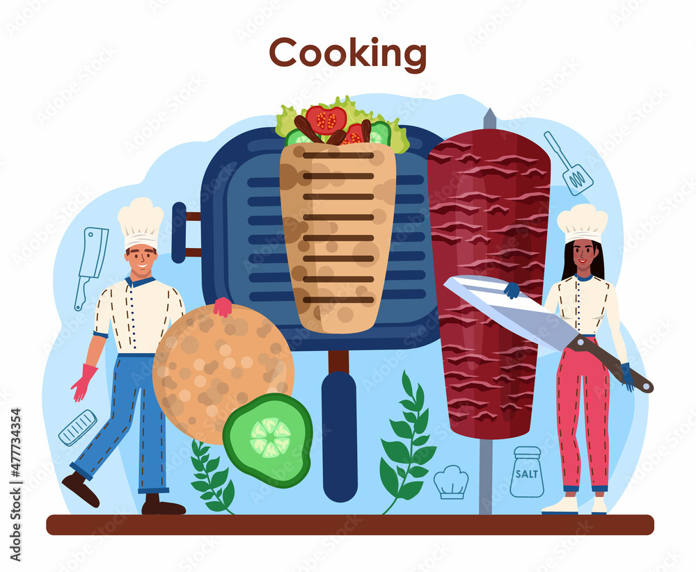 Shawarma maker concept. Chef cooking delicious street food roll Stock ...